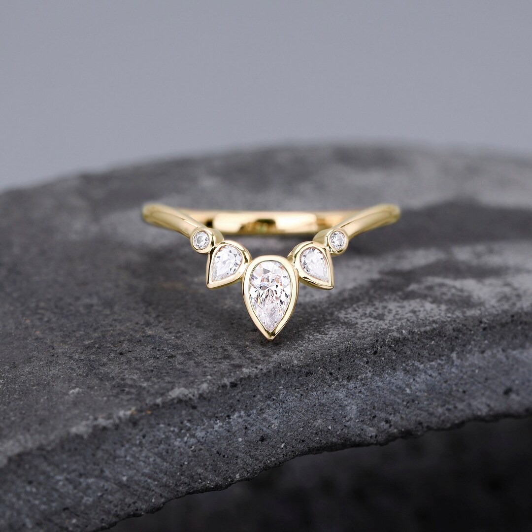 Dainty Band Teardrop Cut Moissanite 10K Solid Gold Wedding Band ...