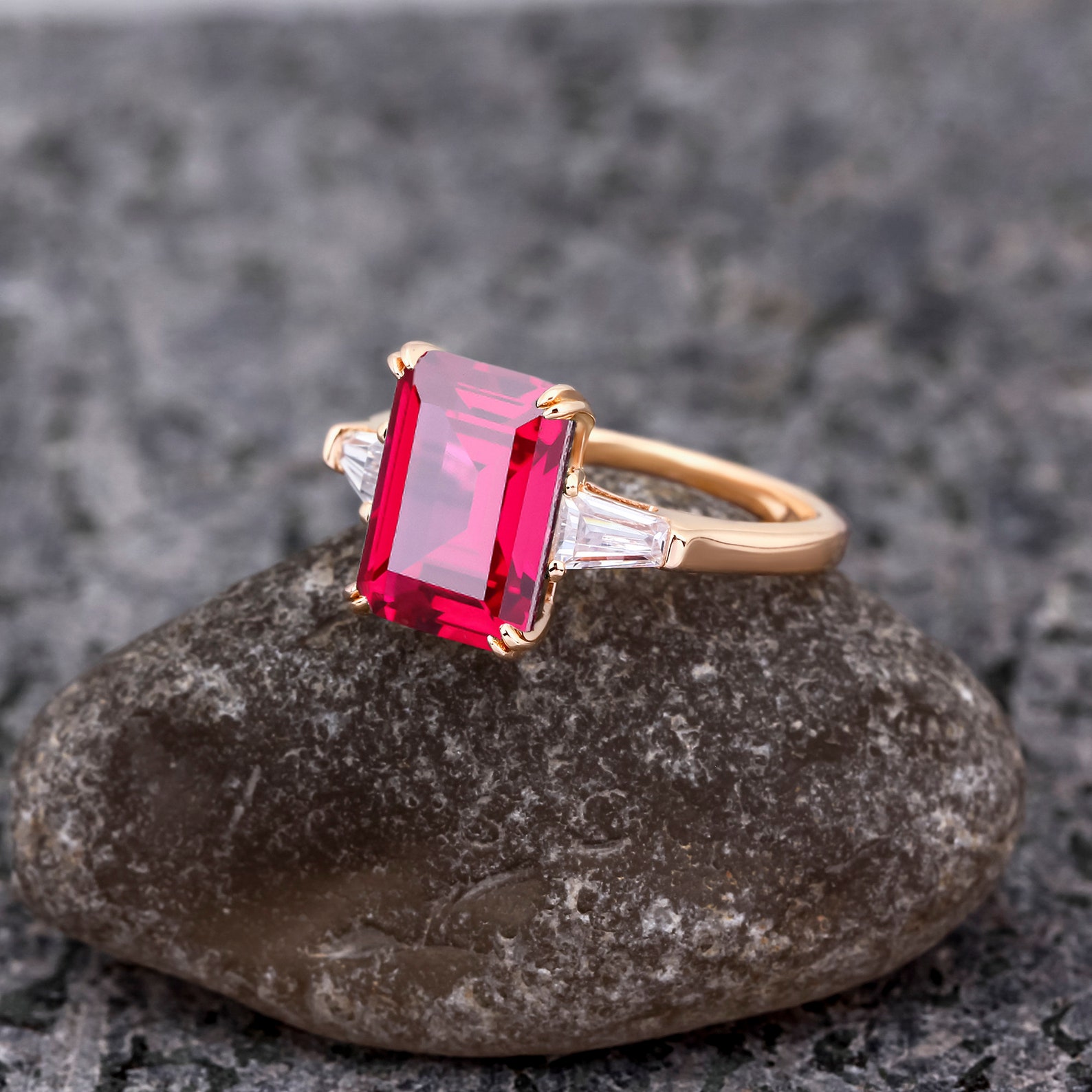 Emerald Cut Lab Created Ruby Engagement Ring for Women, Wedding Ring ...