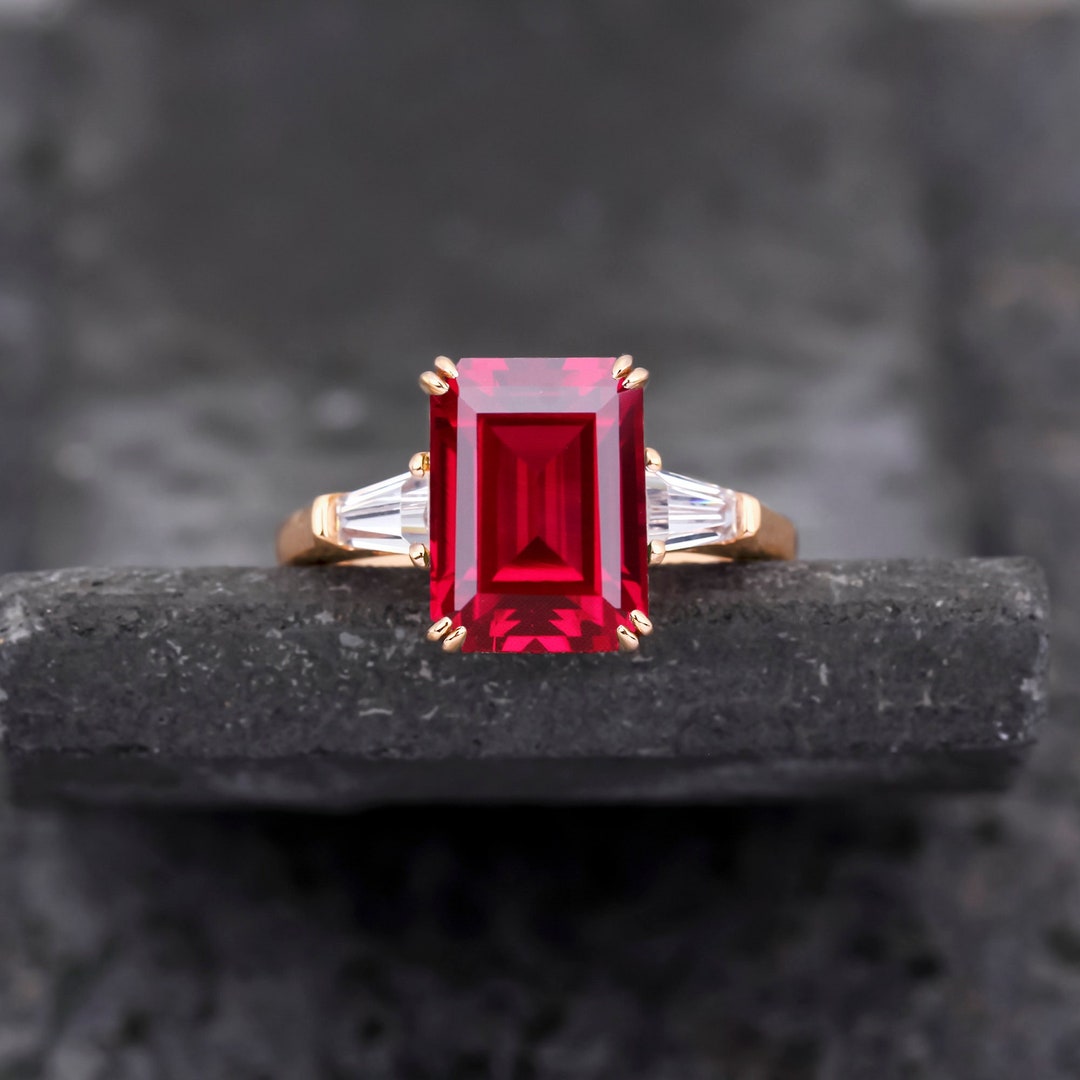 Emerald Cut Lab Created Ruby Engagement Ring for Women, Wedding Ring ...