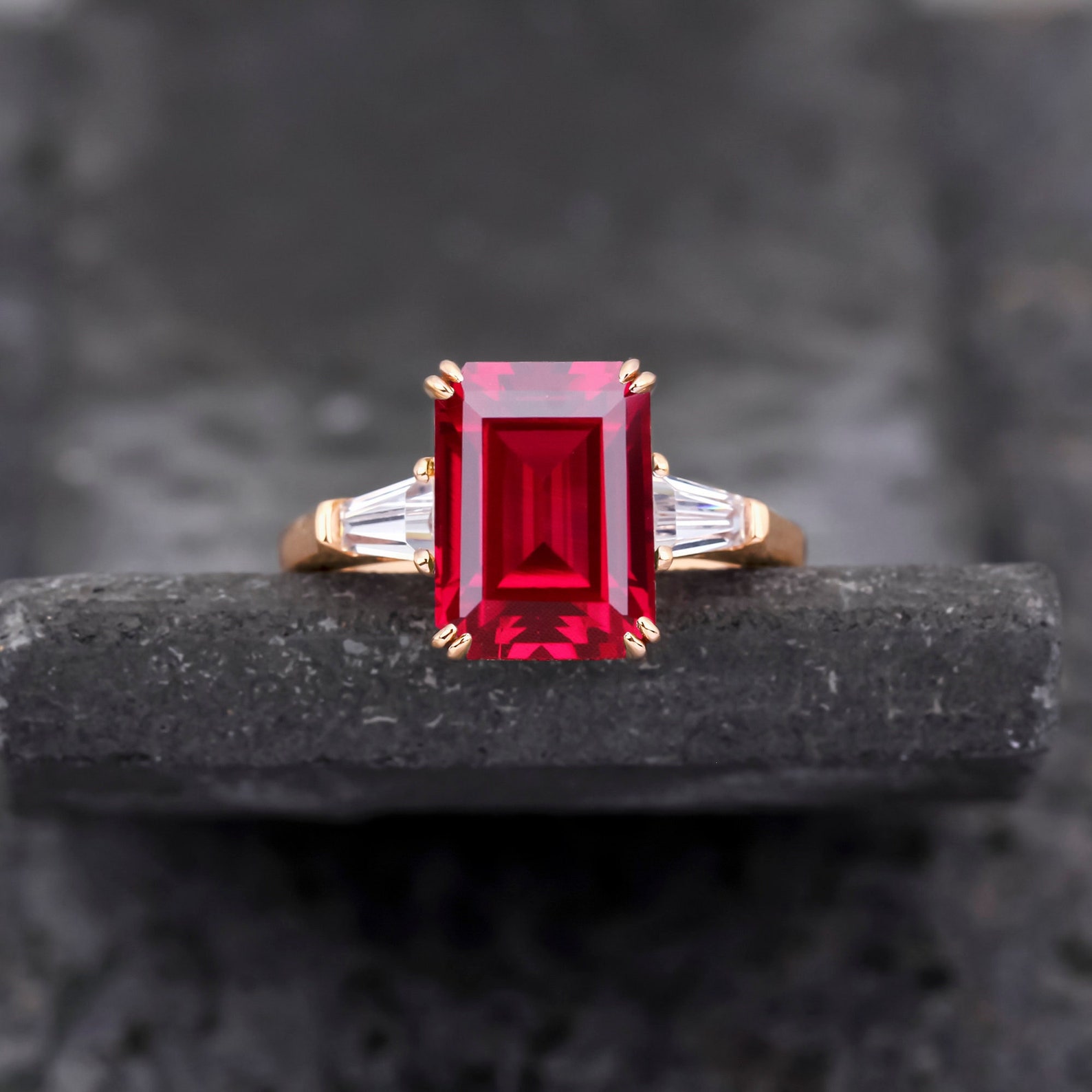 Emerald Cut Lab Created Ruby Engagement Ring for Women, Wedding Ring ...