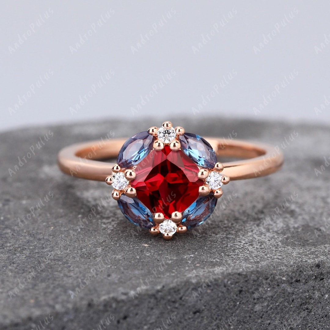 Cushion Cut Ruby Ring Elegant Red Gemstone Ring for Women Rose Gold Engagement Ring Marquise ...