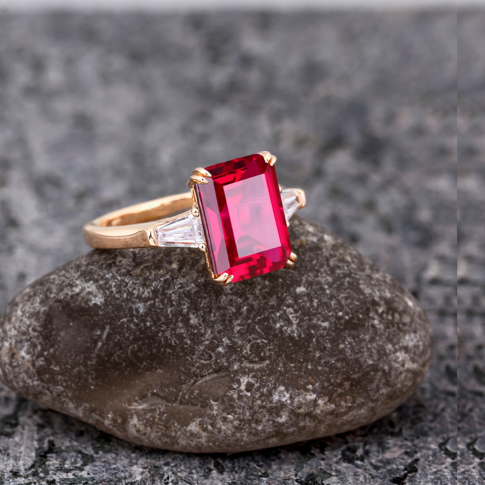 Emerald Cut Lab Created Ruby Engagement Ring for Women, Wedding Ring ...