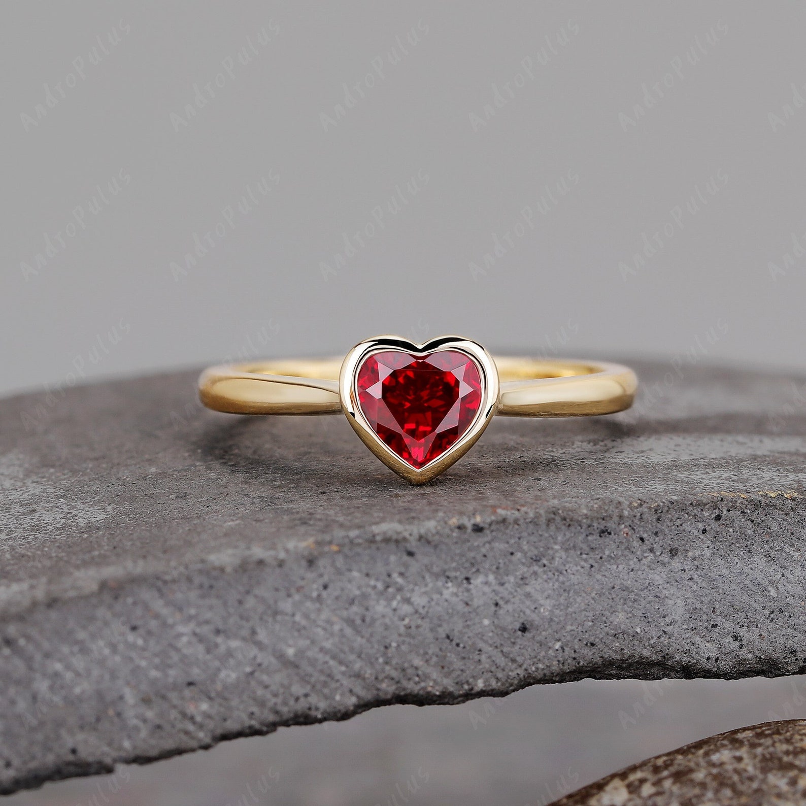 Heart Shape Lab Created Ruby Engagement Ring 18K Yellow Gold Unique Ring Red Gemstone Ring ...