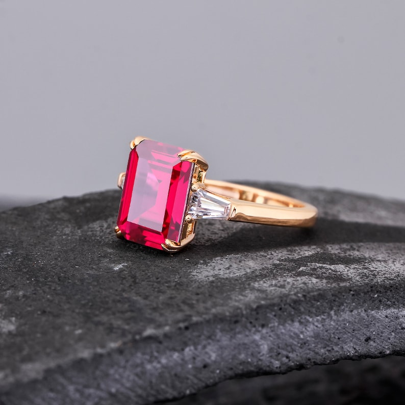 Emerald Cut Lab Created Ruby Engagement Ring for Women, Wedding Ring, Red Gemstone Ring ...