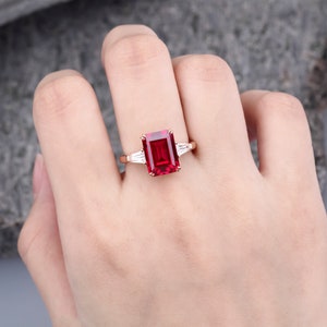 Emerald Cut Lab Created Ruby Engagement Ring for Women, Wedding Ring, Red Gemstone Ring ...