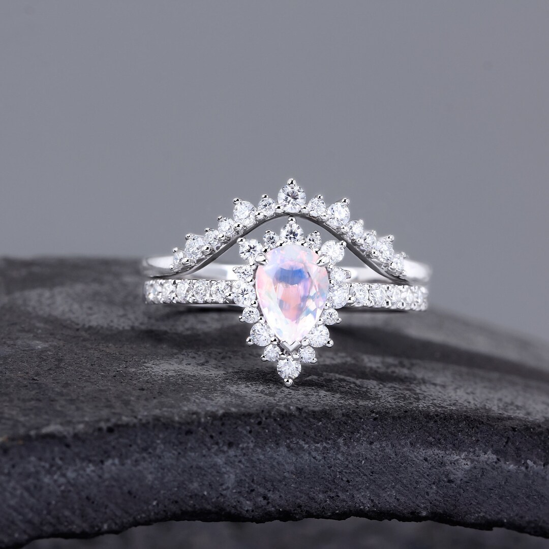 Bridal Set, Teardrop Gemstone Ring, Natural Moonstone White Gold Ring ...