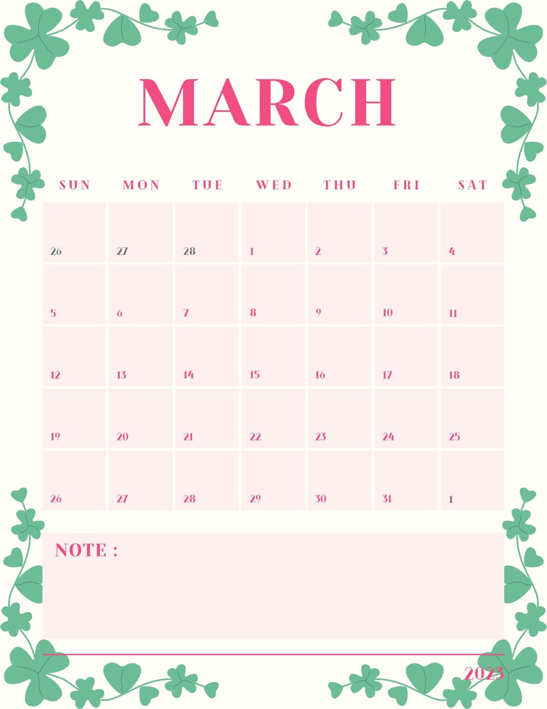 2023 Themed Printable Cute Calendar - Etsy