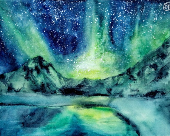 Northern Lights Printable Wall Art Watercolor Landscape Print - Etsy