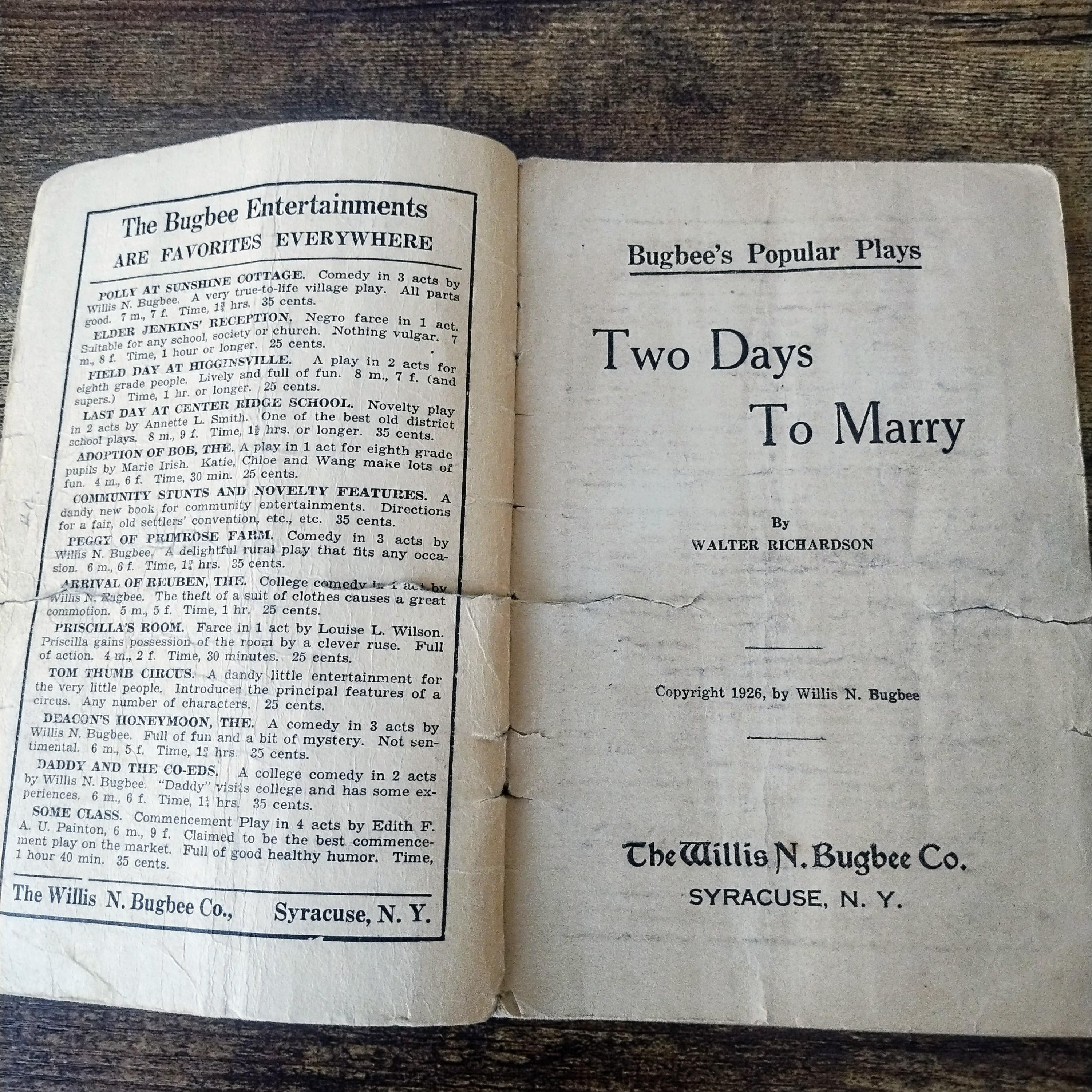 1920's Play - Willis N Bugbee- No Plays Exchanged - Antique Playbook ...