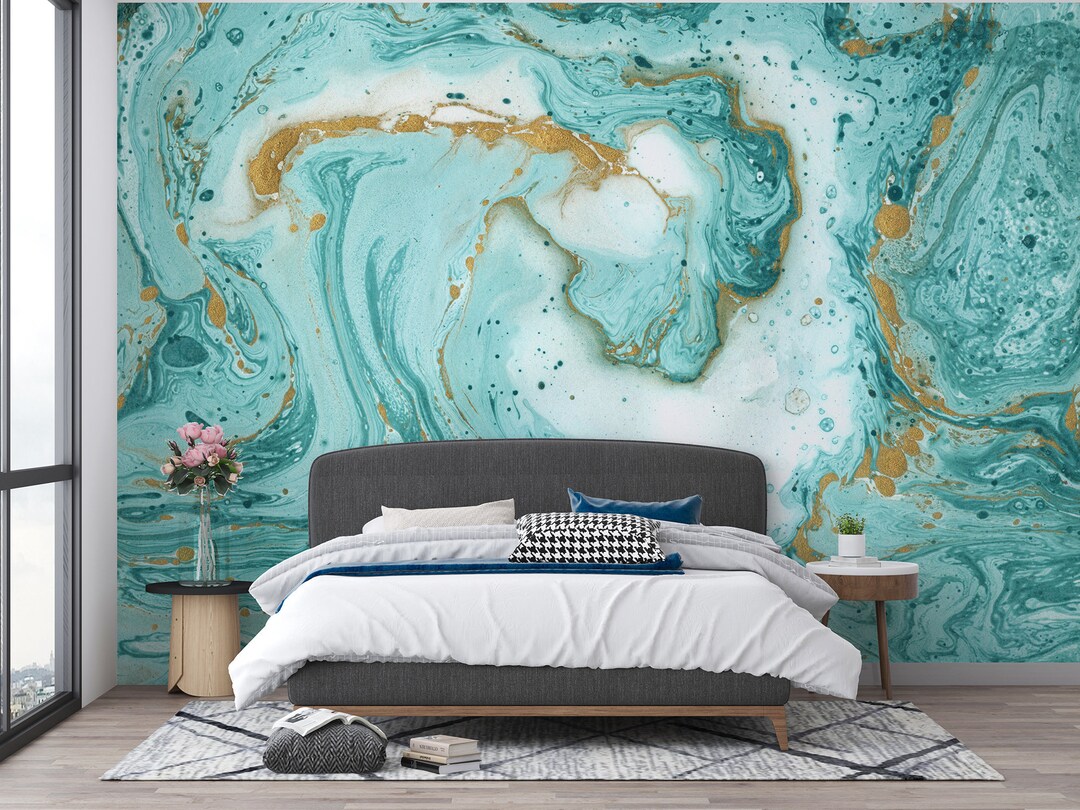 Turquoise Gold Marble Peel & Stick Wallpaper, Marble Wall Mural, Non ...