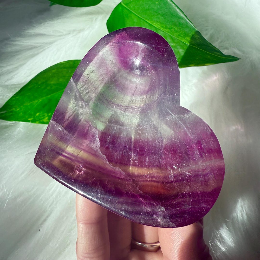 Gemmy Banded Rainbow Fluorite Heart Crystal Bowl With Rainbows & Flashy ...