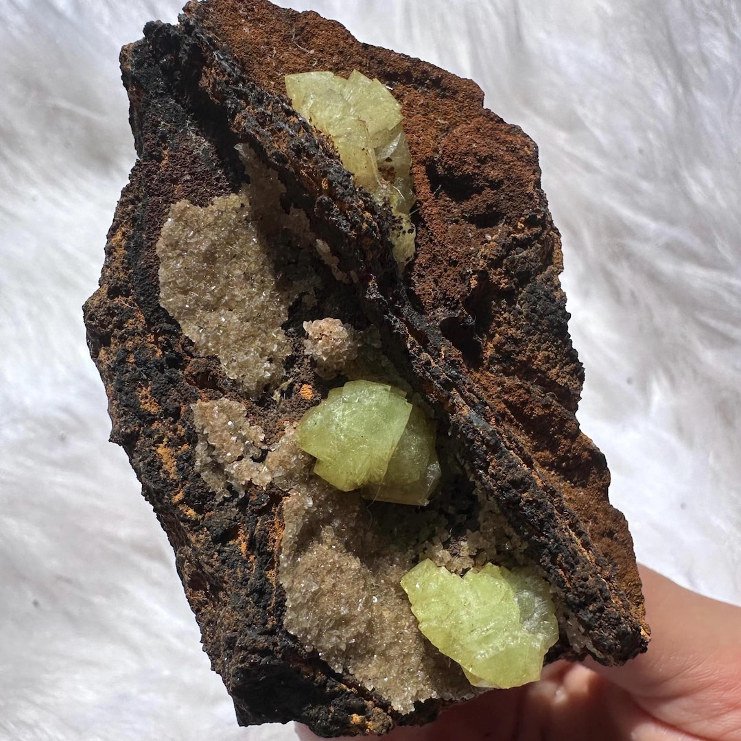 High Quality Adamite on Limonite Vug With Calcite Druzy Ojuela Mine ...