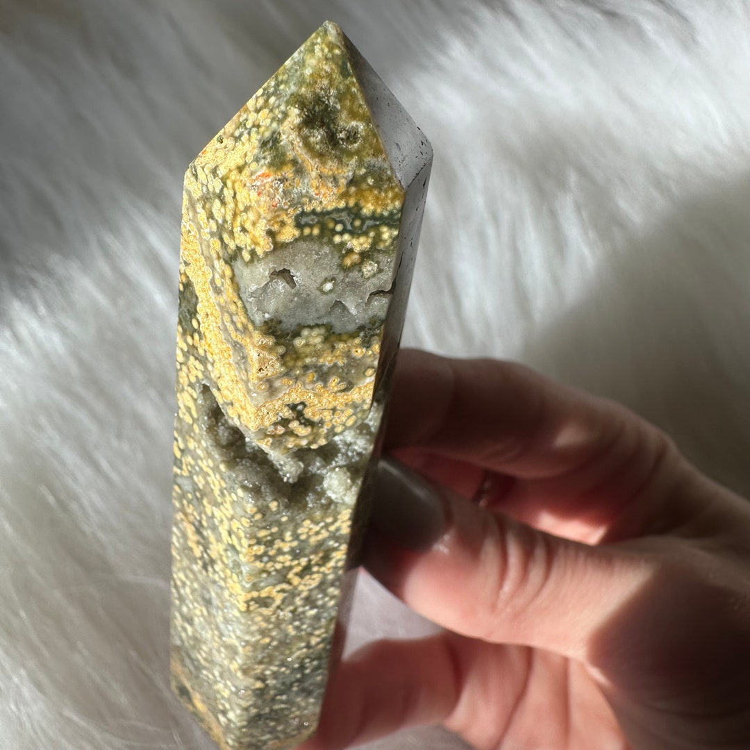 Unique Old Vein Orbicular Ocean Jasper Tower With Druzy and Quartz ...