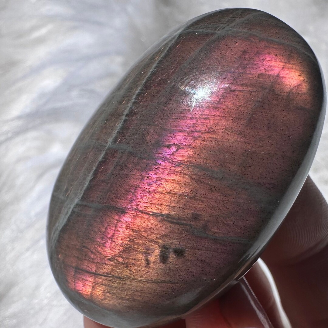 Full Flash Pink and Orange Sunset Labradorite Palmstone With Shimmery ...