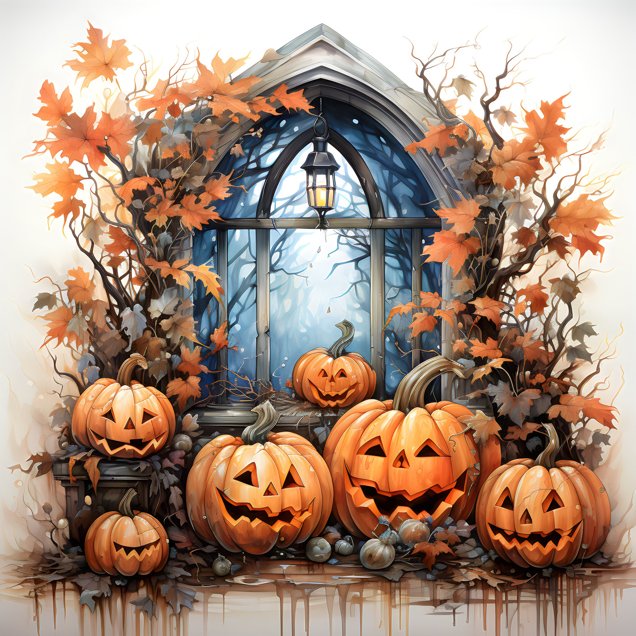 15 HD Halloween Window Pumpkin Watercolor Clipart Scary Art - Etsy