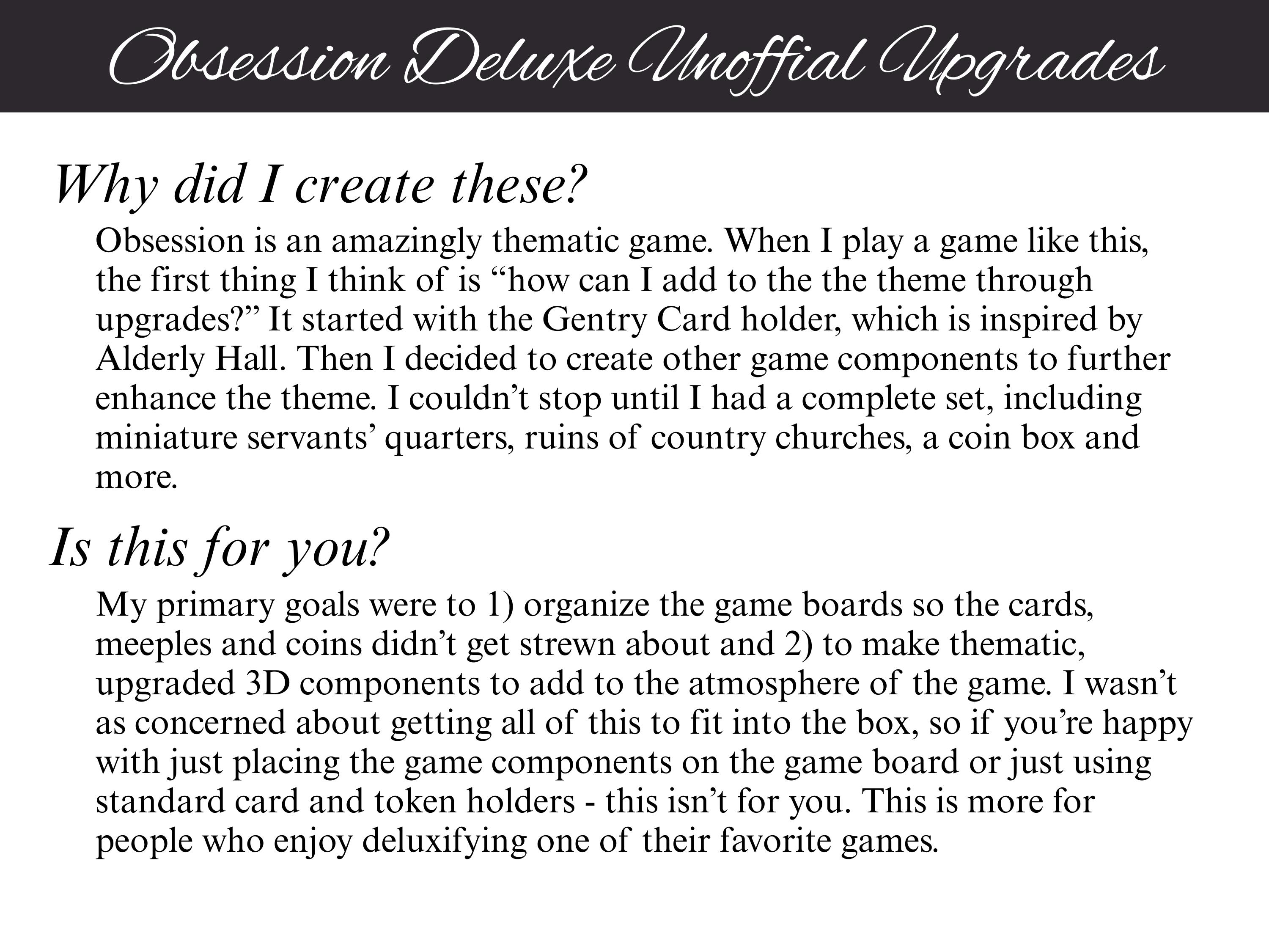 Obsession Deluxe Upgrade Bundle - Deluxe Unofficial 3D Upgrades for the ...