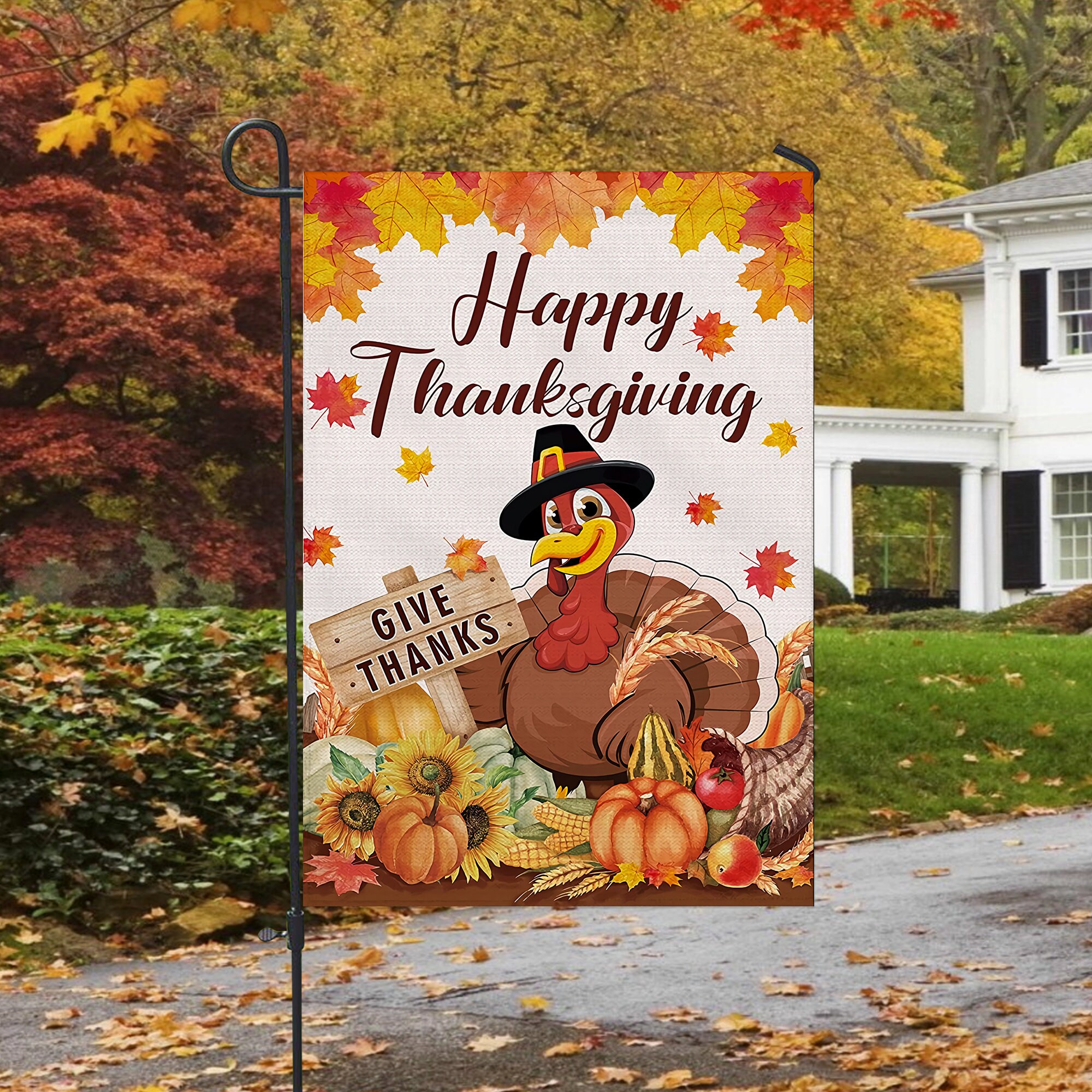 Happy Thanksgiving Turkey Pumpkins and Leaves House Flag sold by ...