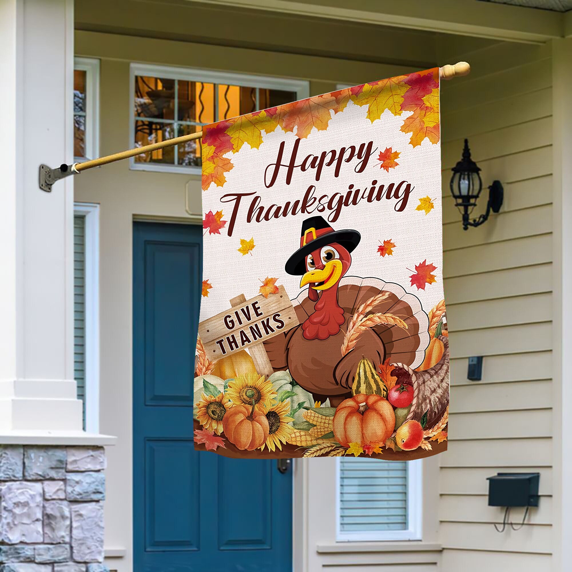 Happy Thanksgiving Turkey Pumpkins and Leaves House Flag sold by ...