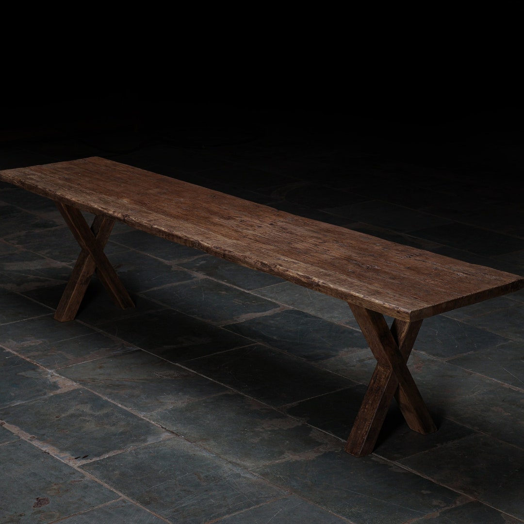 Rustic Cross Legs Reclaimed Weathered Wood Dining Bench Vintage Bleach Finish Old Wooden ...