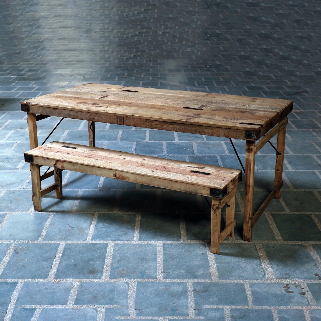 Vintage Reclaimed Wood Dining Table Set diningbench Farmhouse Rustic ...