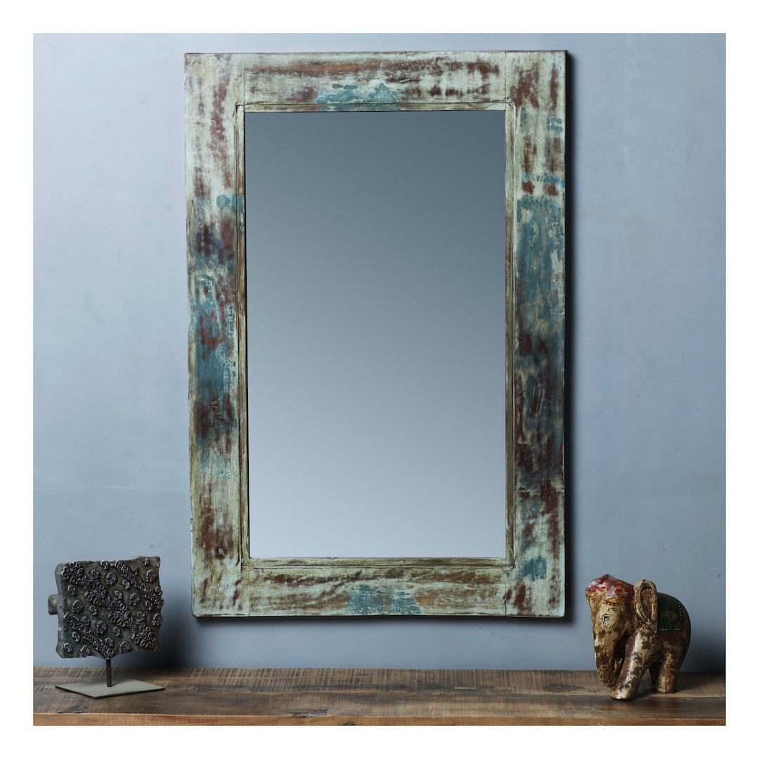 Handmade Reclaimed Wood Mirror Frame : Antique Blue Rustic Farmhouse ...