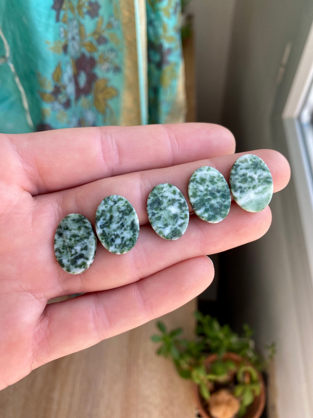 Moss Agate Flat Oval Cabochon. 13x18x2mm. Green White Crystal. Flat ...