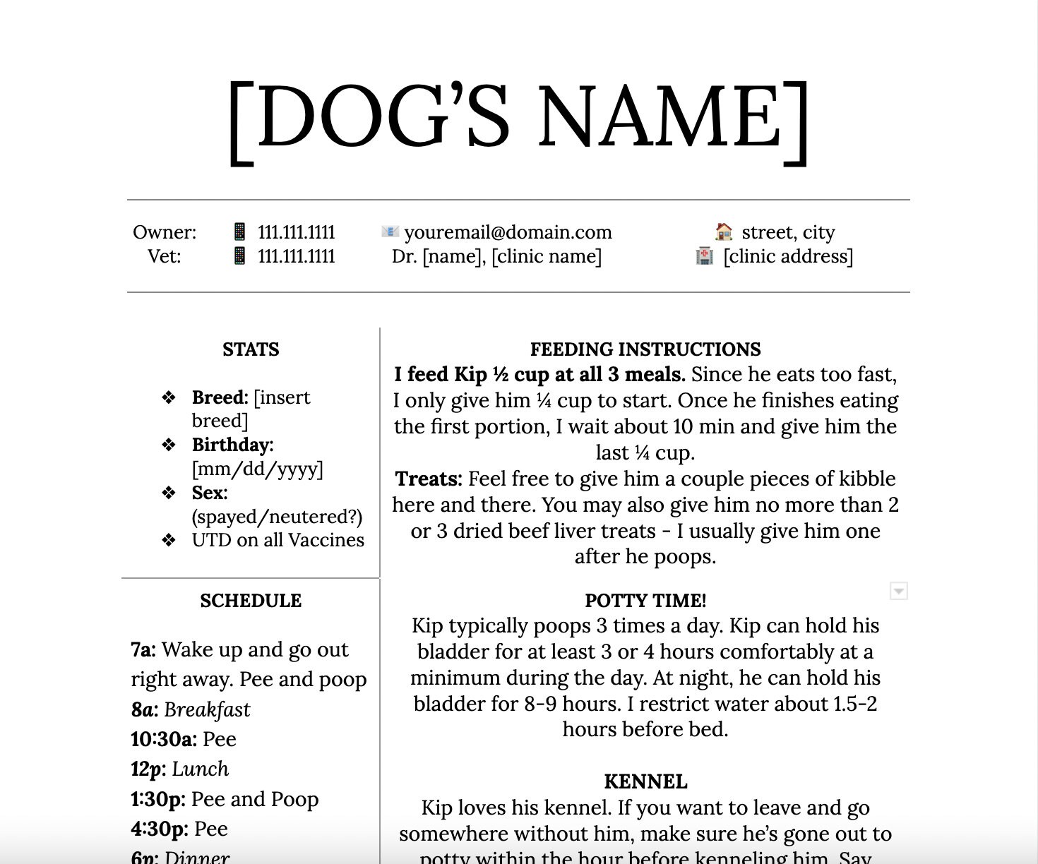 Dog Care Instructions Template | Dog Staycation | Pet Sitter Care ...