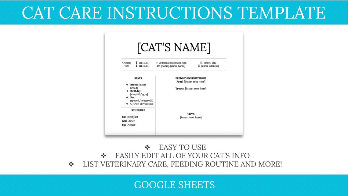 Cat Care Instructions Template | Cat Sitter Instructions | Google Doc ...