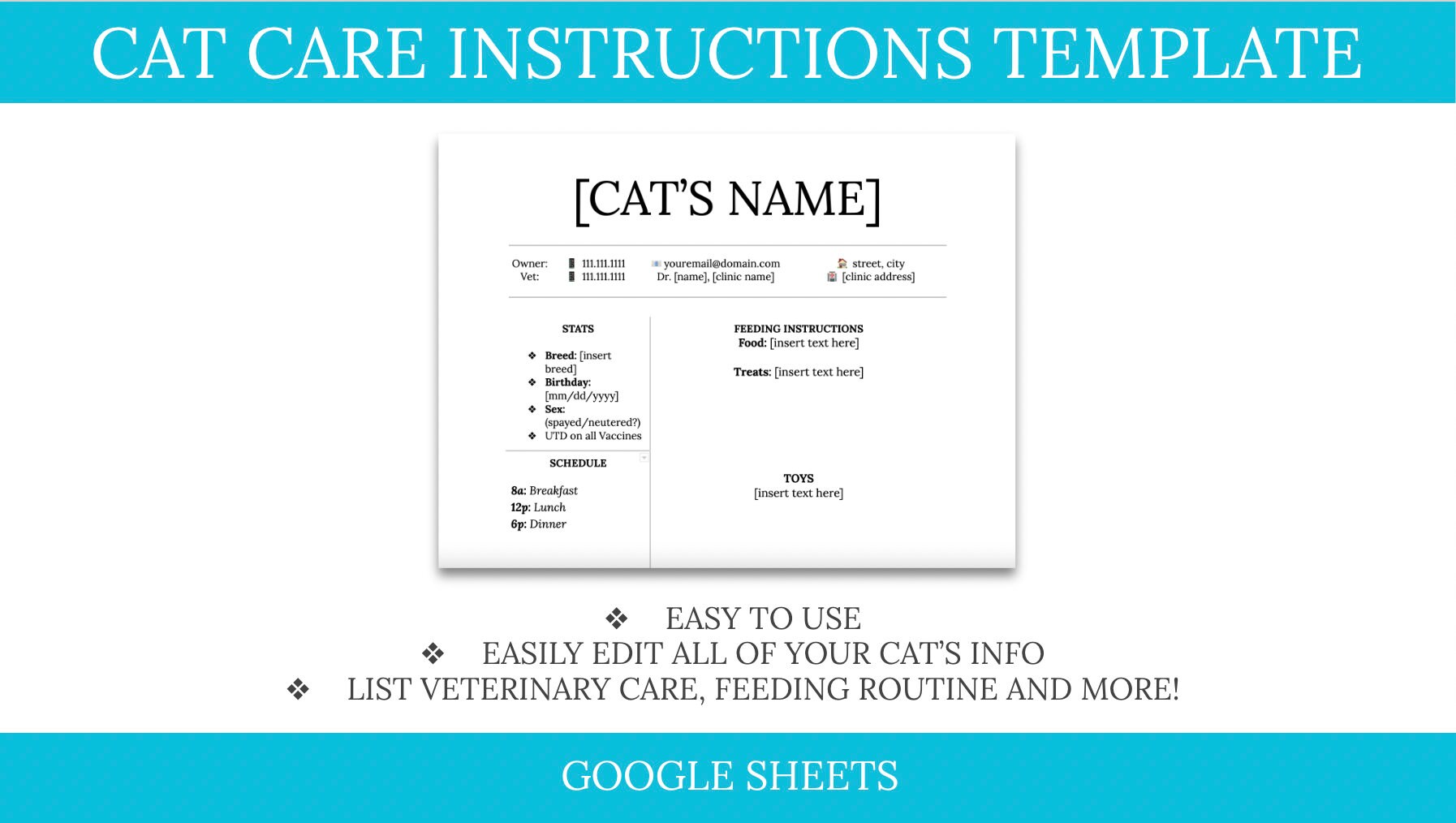 Cat Care Instructions Template | Cat Sitter Instructions | Google Doc ...