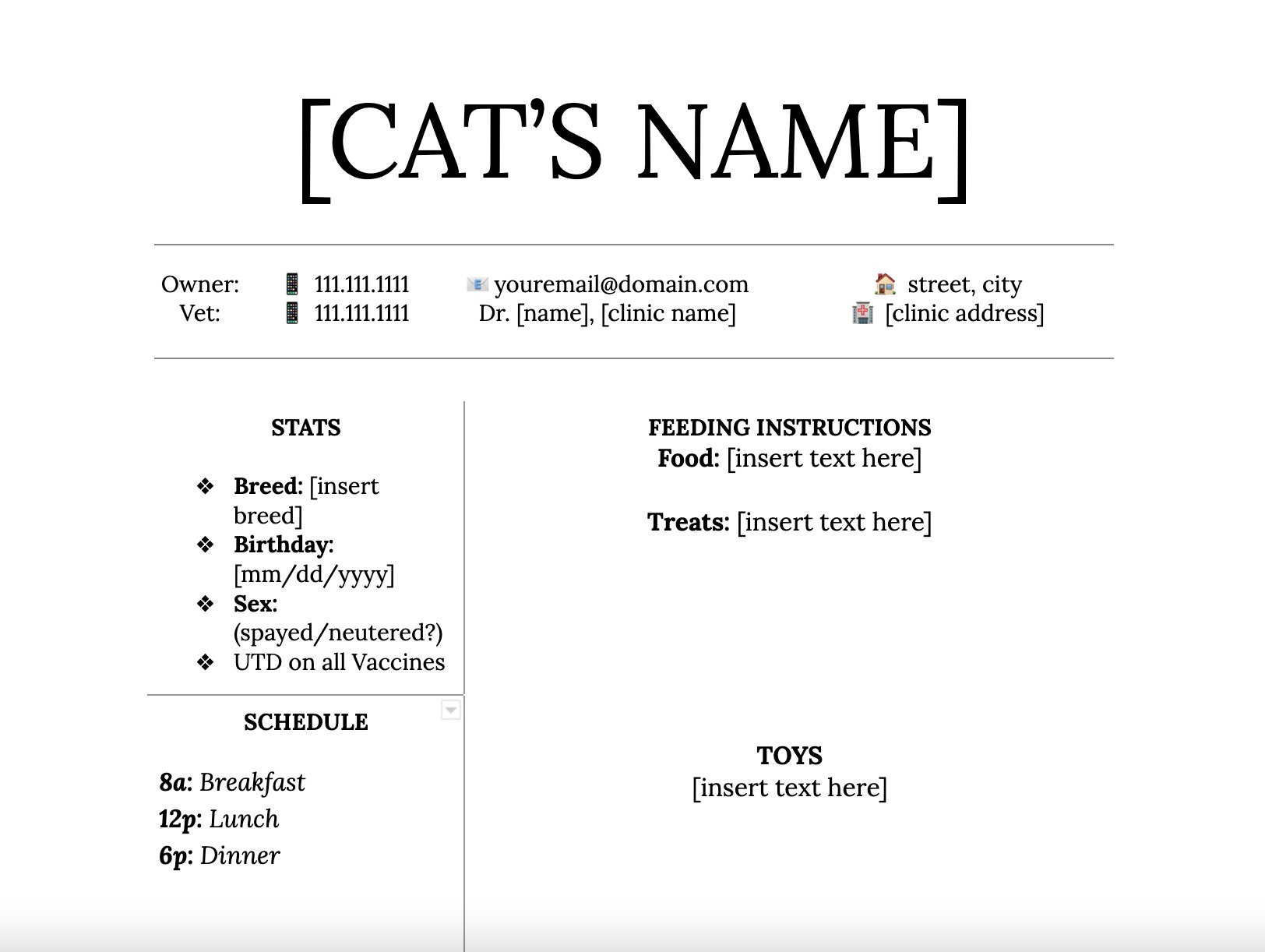 Cat Care Instructions Template | Cat Sitter Instructions | Google Doc ...