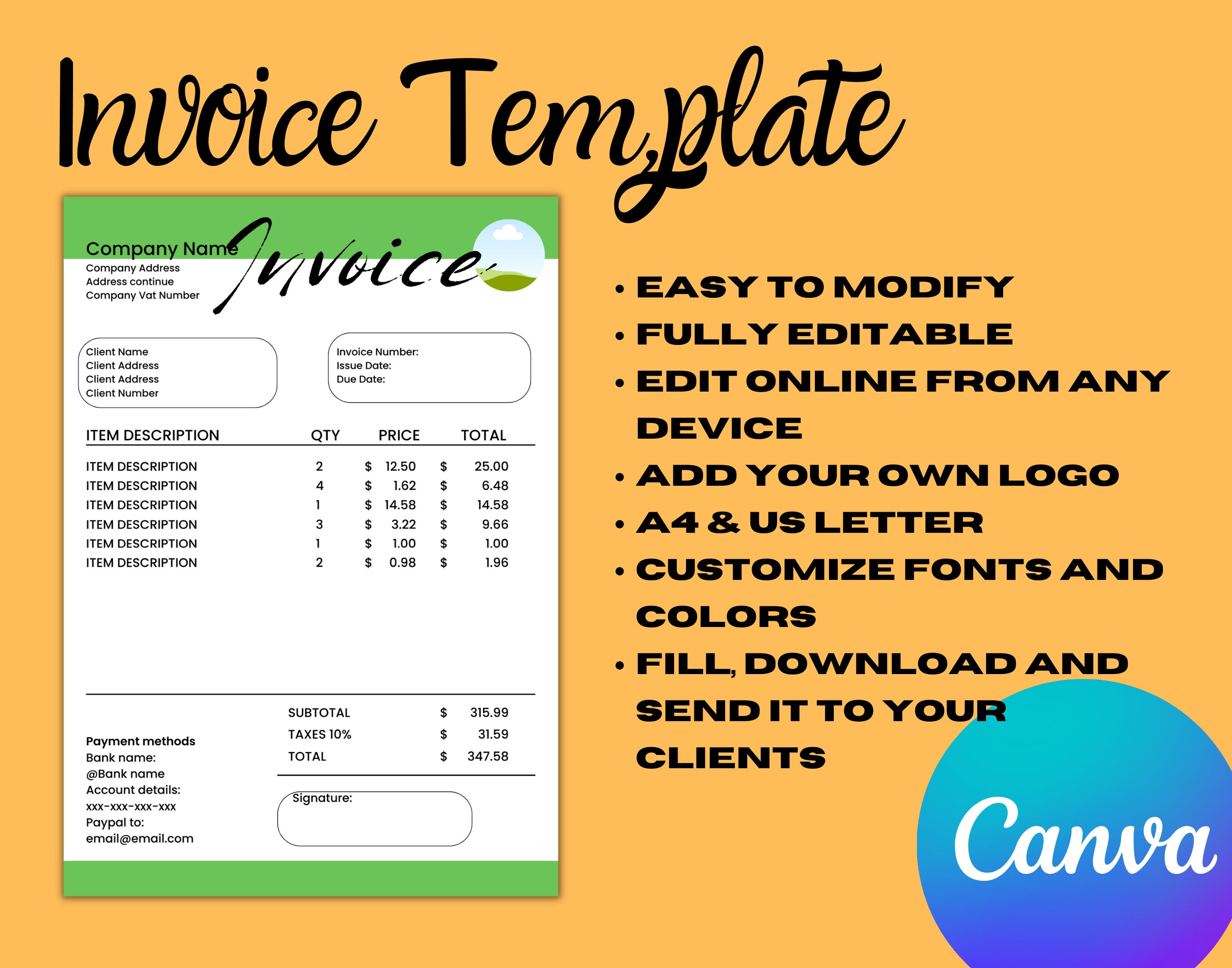 Invoice Canva Template. Minimal Invoice Template. Editable - Etsy