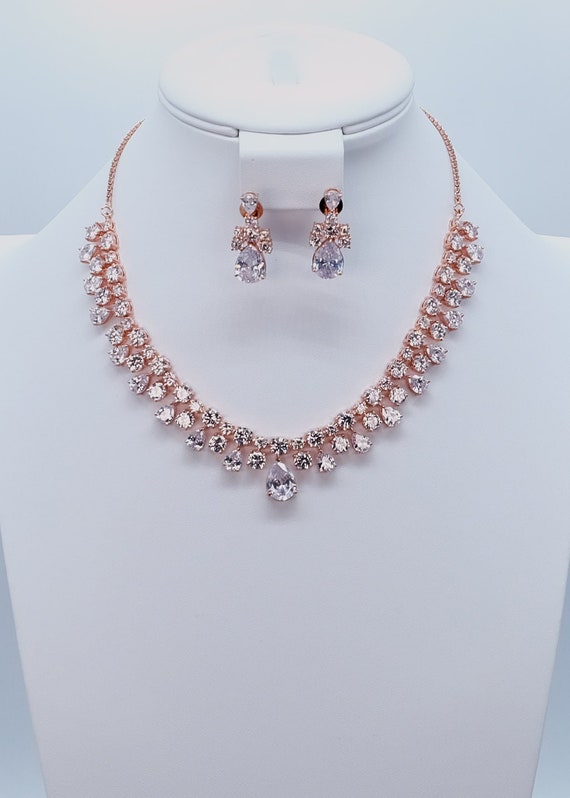 Swarovski Rose Gold CZ Necklace Set indian Jewelry rose Gold Necklace Set bridal Necklace Set swarovski Necklace Set designer Jewelry Set Etsy