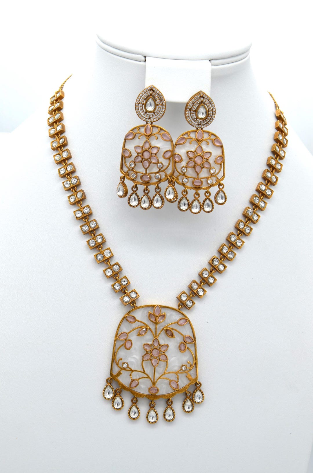 Moissanite Polki Kundan Necklace Set: Pink Apala Indian Jewelry - Etsy