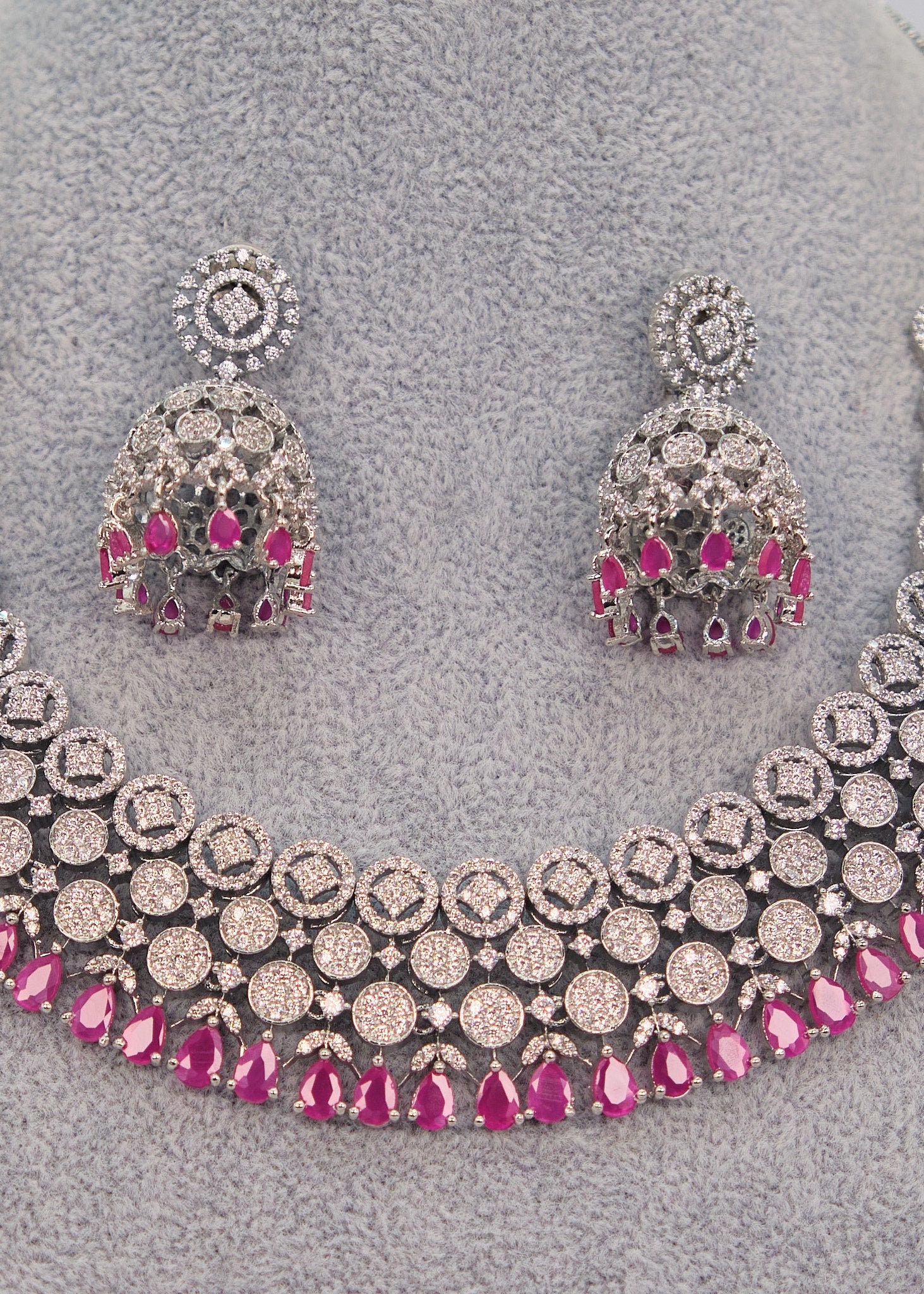 Ruby American Diamond Necklace Set With Jhumki/ruby CZ Diamond Necklace ...