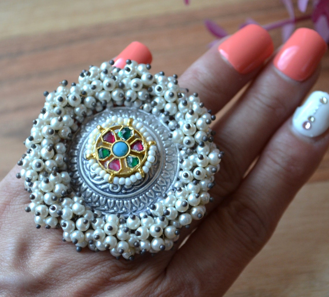 92.5 Oversized Adjustable Ring With Pearl Clusters/fusion Rings ...