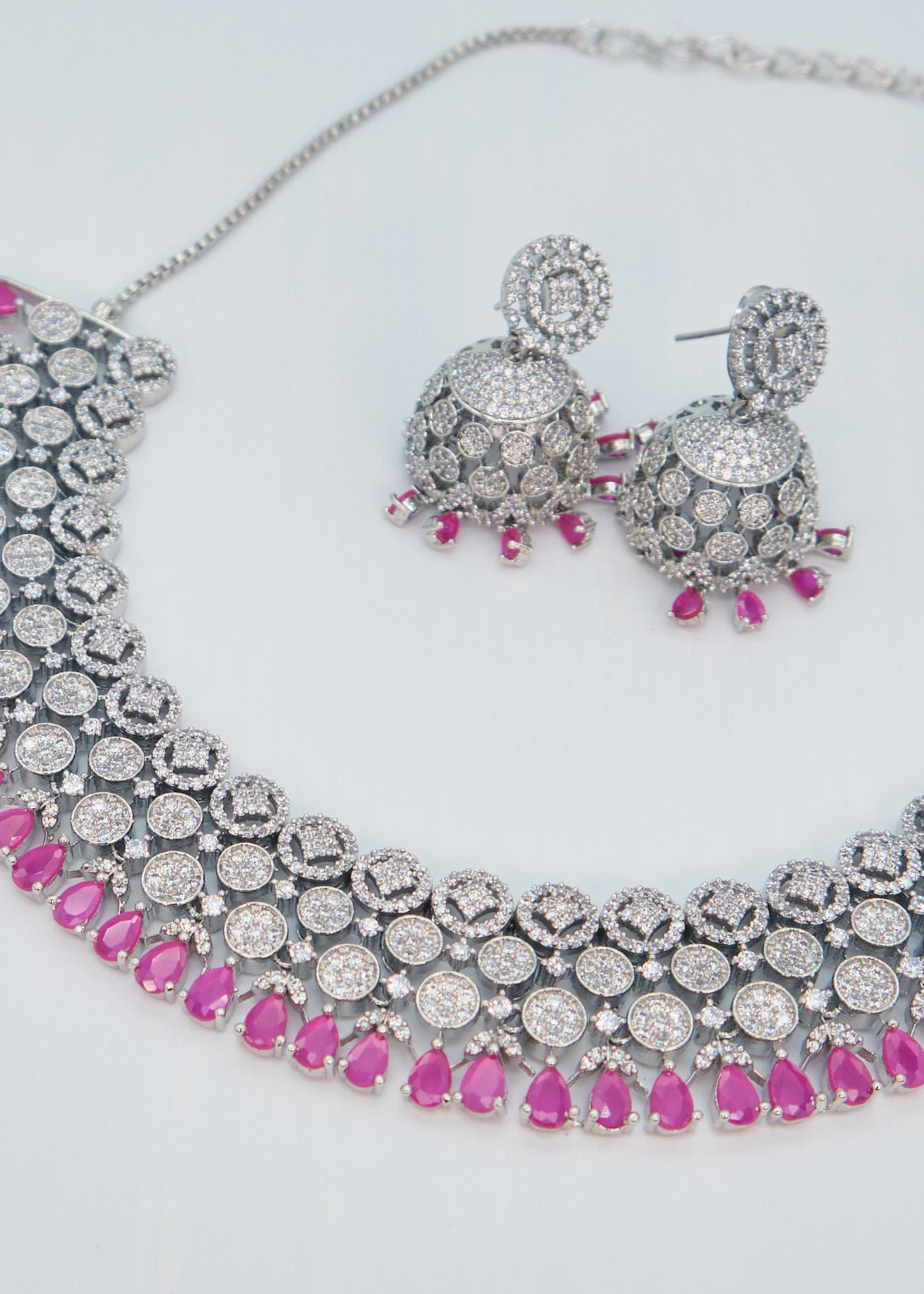 Ruby American Diamond Necklace Set With Jhumki/ruby CZ Diamond Necklace ...