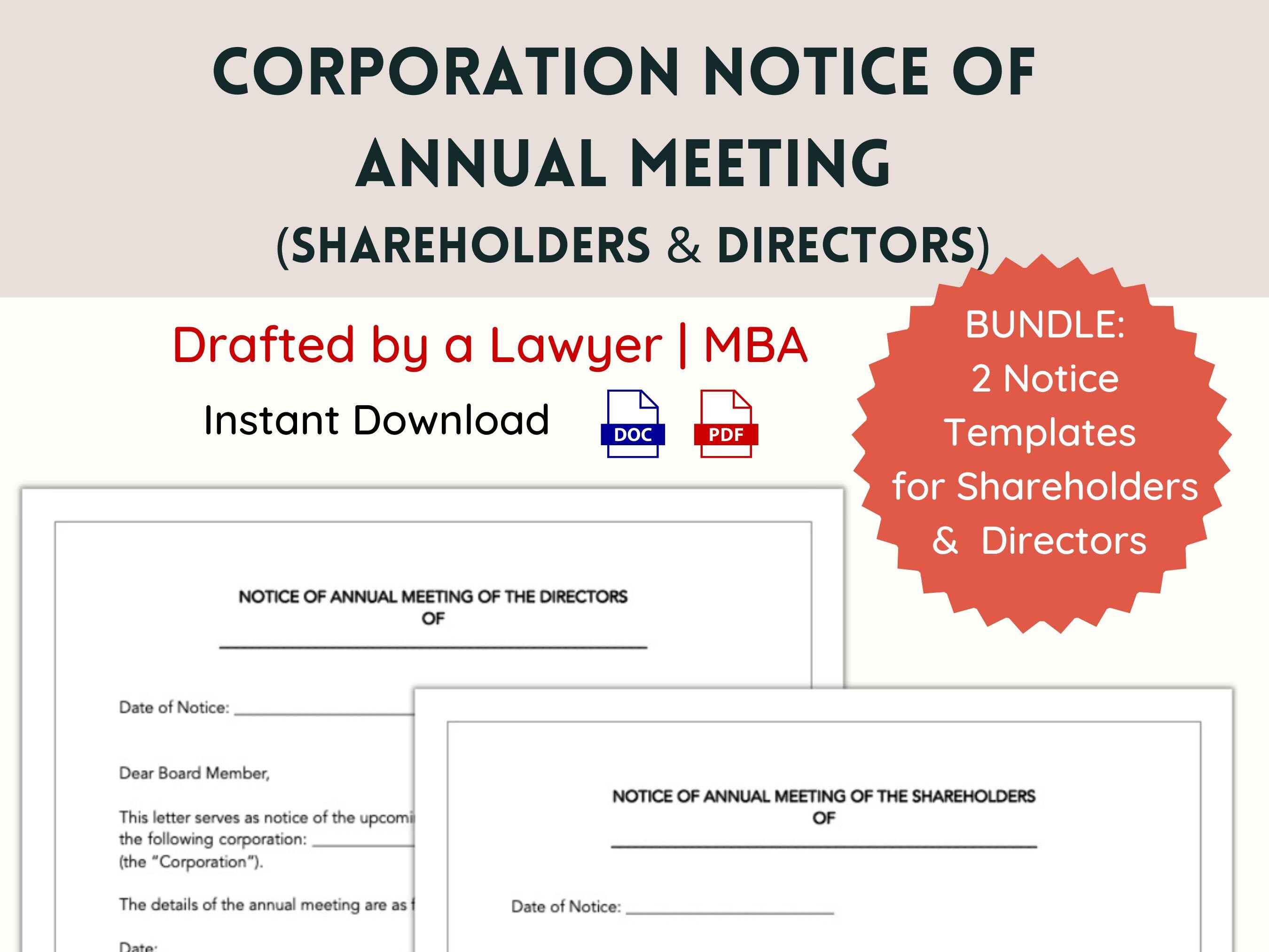 Notice of Annual Meeting to Shareholders & Directors | Corporation ...