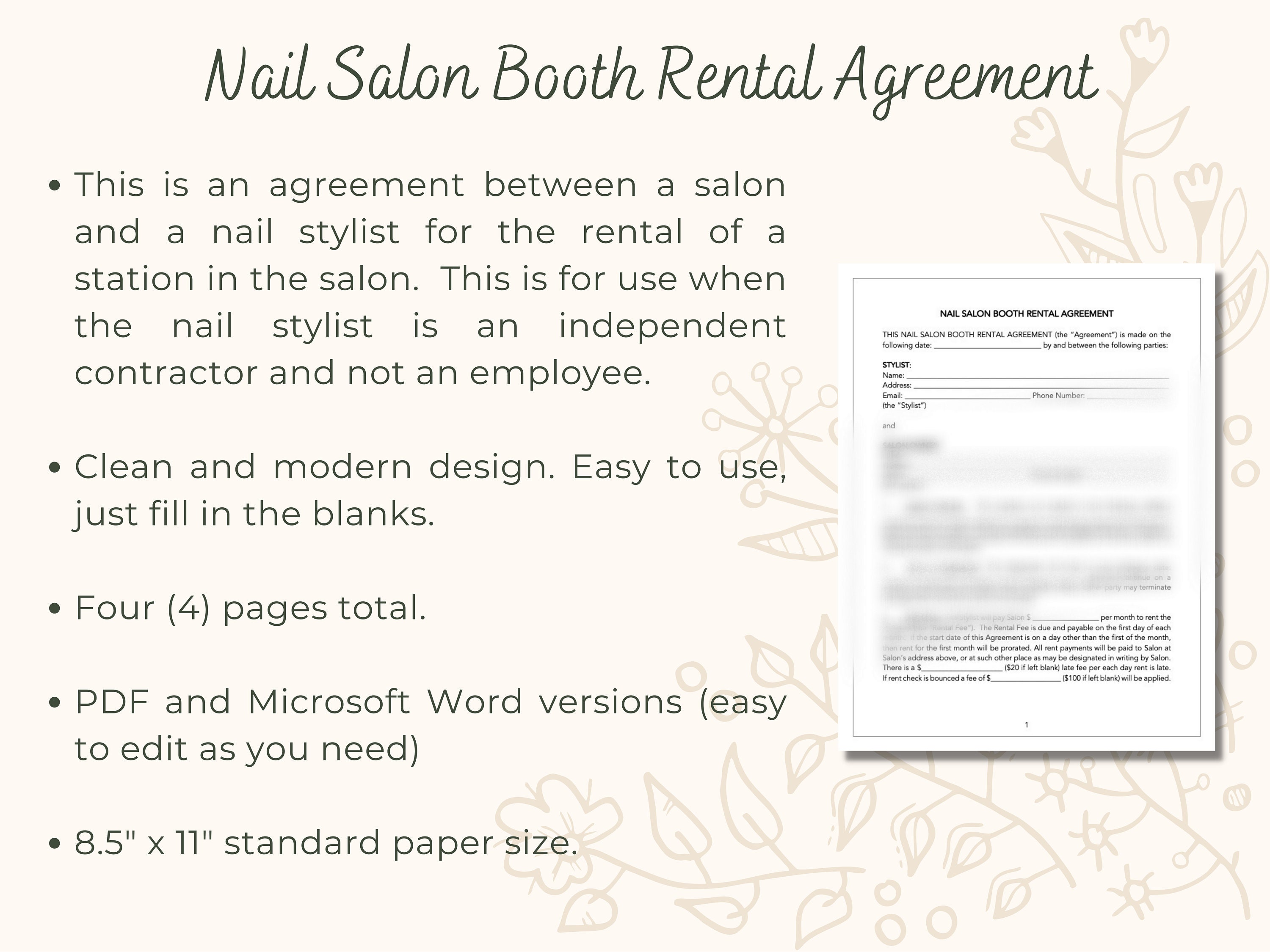 Nail Salon Booth Rental Agreement Nail Tech Independent - Etsy