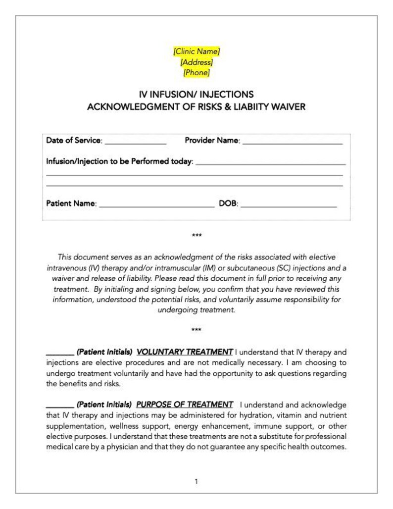 IV Therapy Acknowledgement of Risks Vitamin Injection Waiver IV Clinic ...