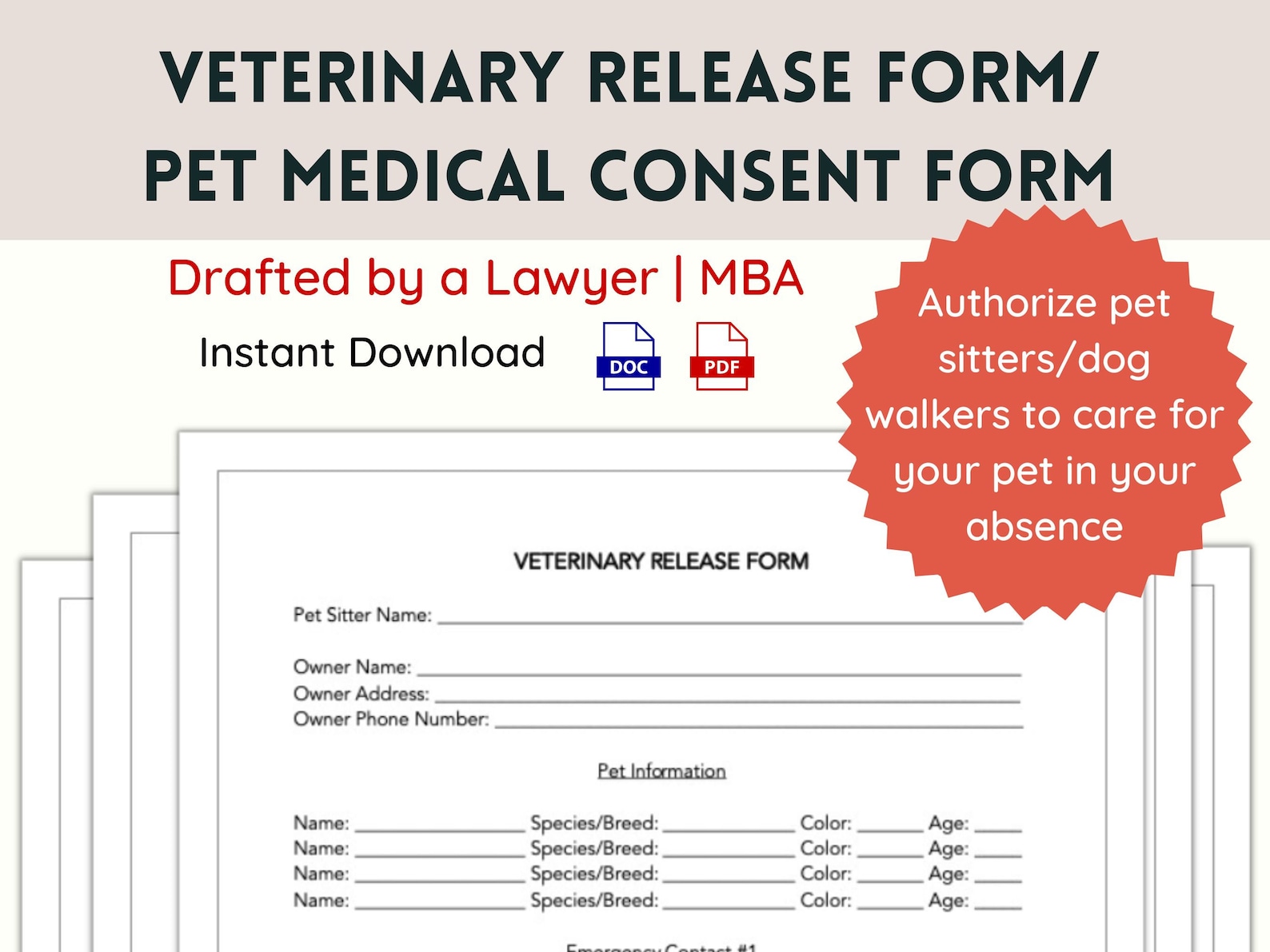 Veterinary Release Form | Pet Medical Consent Legal Template | Pet ...