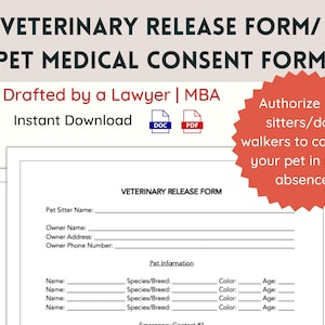 Veterinary Release Form | Pet Medical Consent Legal Template | Pet ...