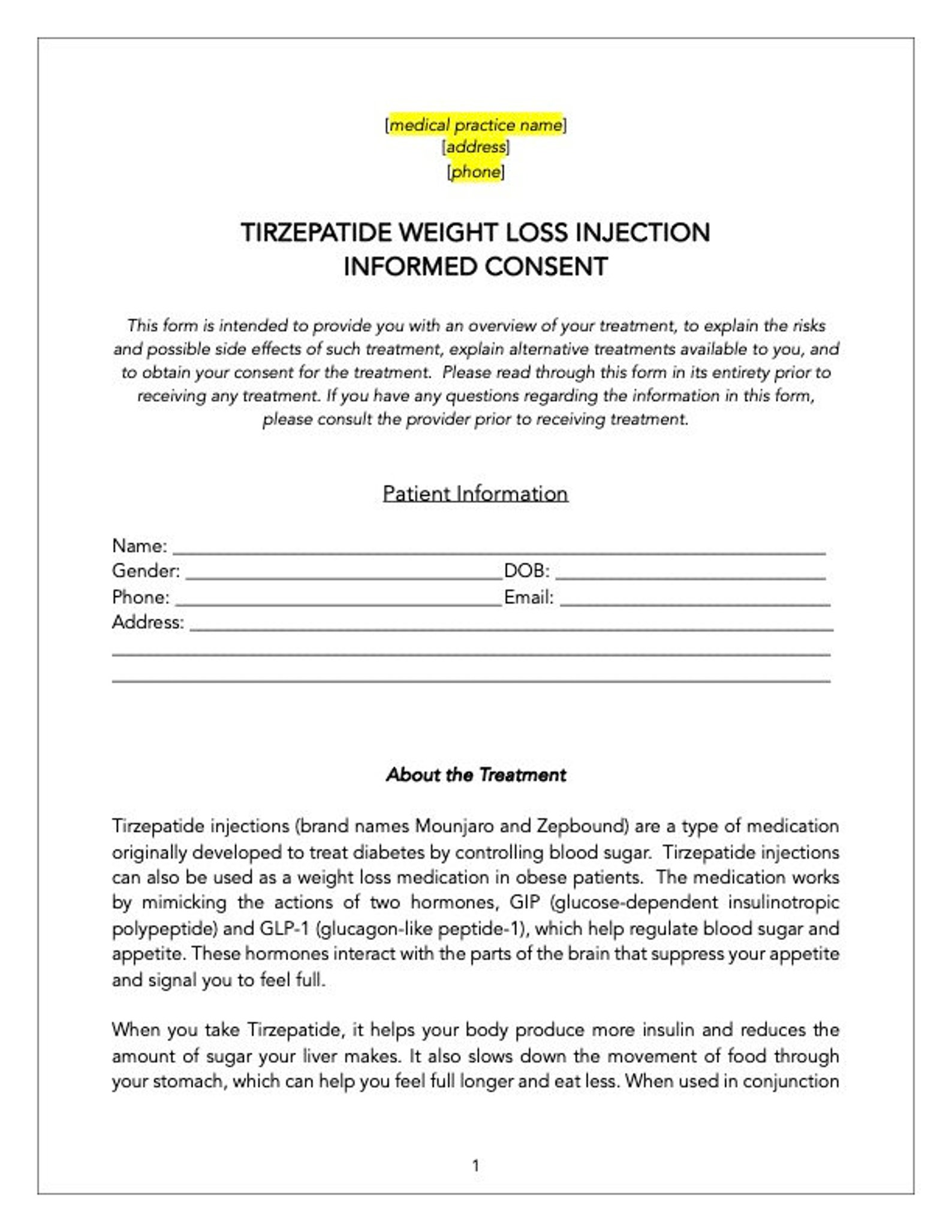 Tirzepatide Consent Form Weight Loss Injection Intake Fat Loss Shots ...