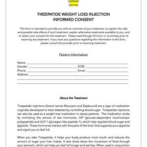 Tirzepatide Consent Form Weight Loss Injection Intake Fat Loss Shots ...