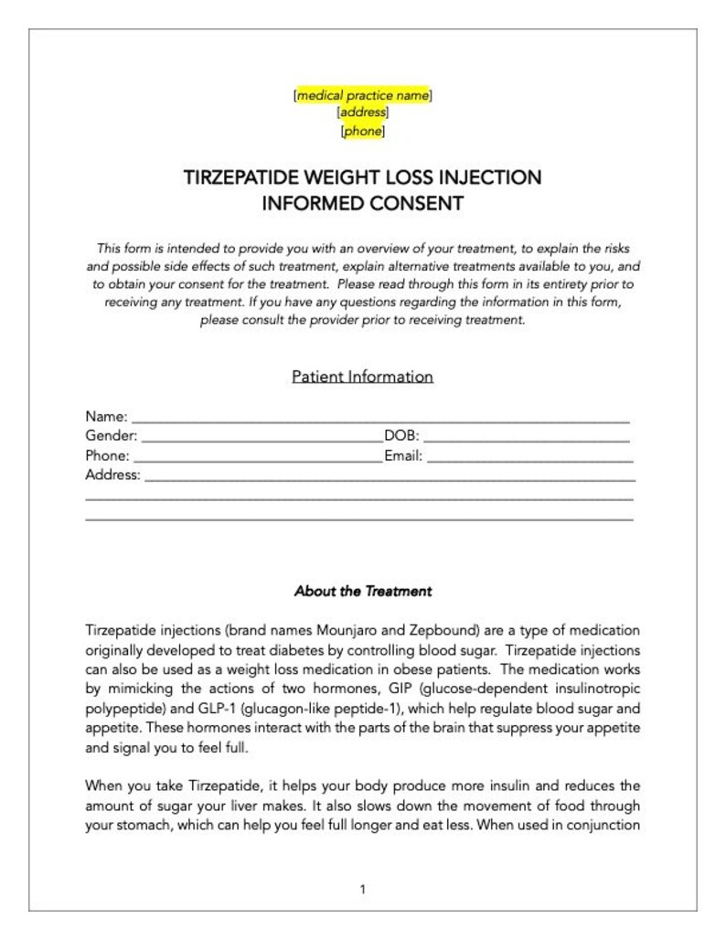 Tirzepatide Consent Form Weight Loss Injection Intake Fat Loss Shots ...