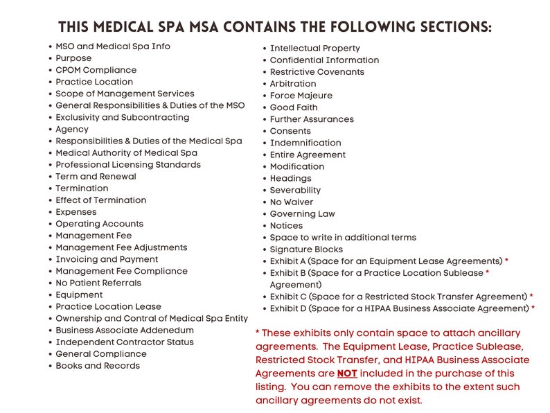 Medical Spa MSA Med Spa Management Service Agreement Contract Template ...