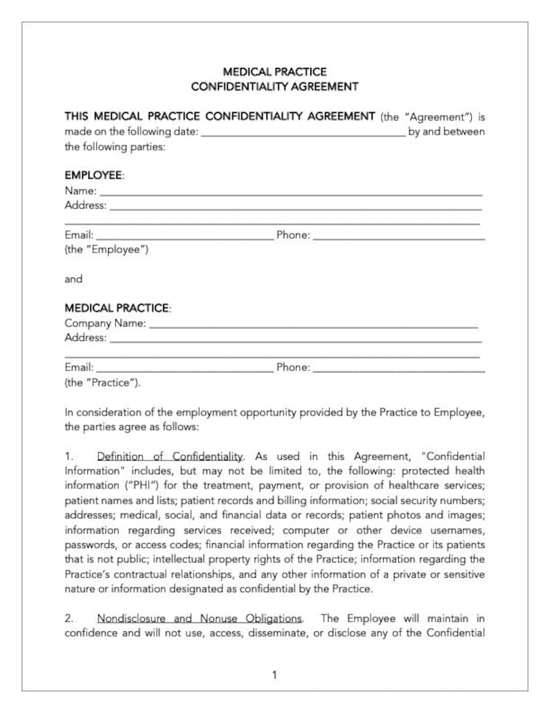 Healthcare Confidentiality Agreement, Medical Practice Confidentiality ...