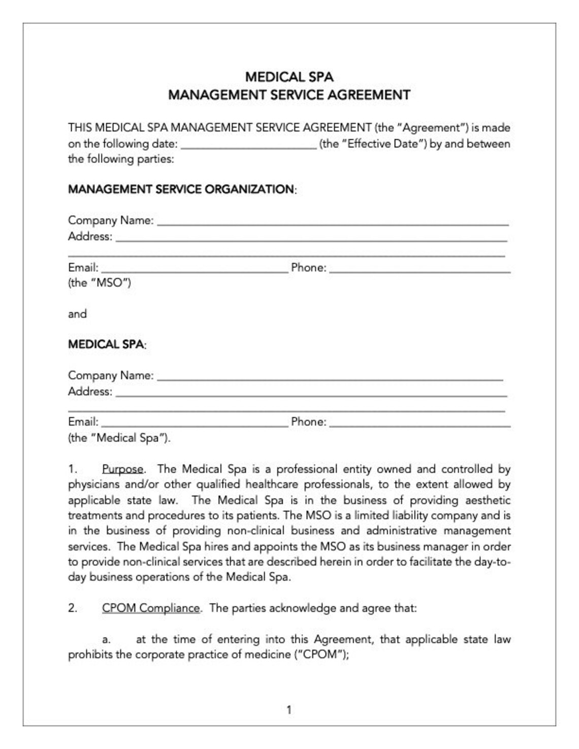 Medical Spa MSA Med Spa Management Service Agreement Contract Template ...
