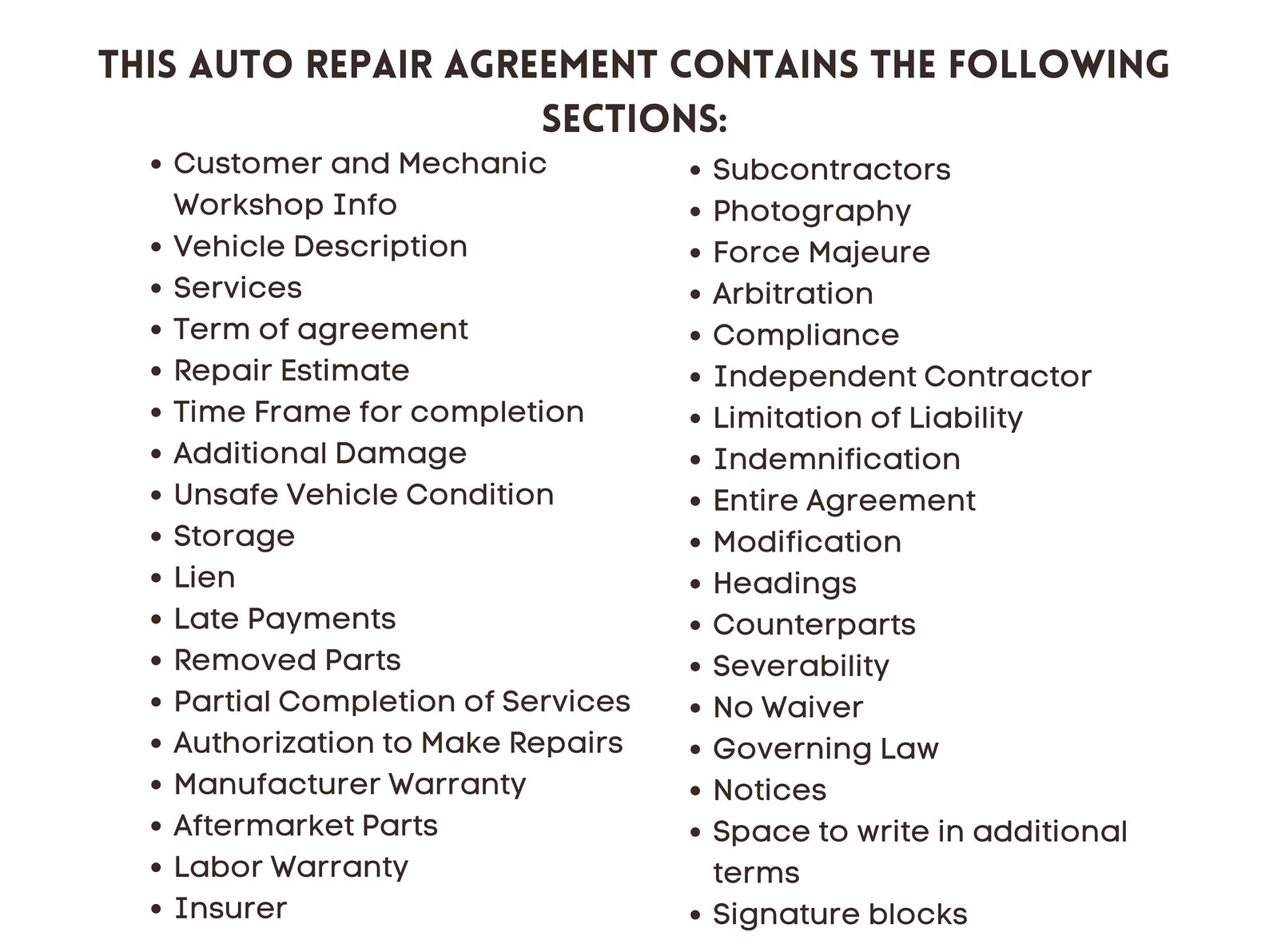 Auto Repair Contract, Mechanic Work Agreement, Car Maintenance Service ...