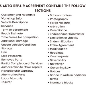 Auto Repair Contract, Mechanic Work Agreement, Car Maintenance Service ...