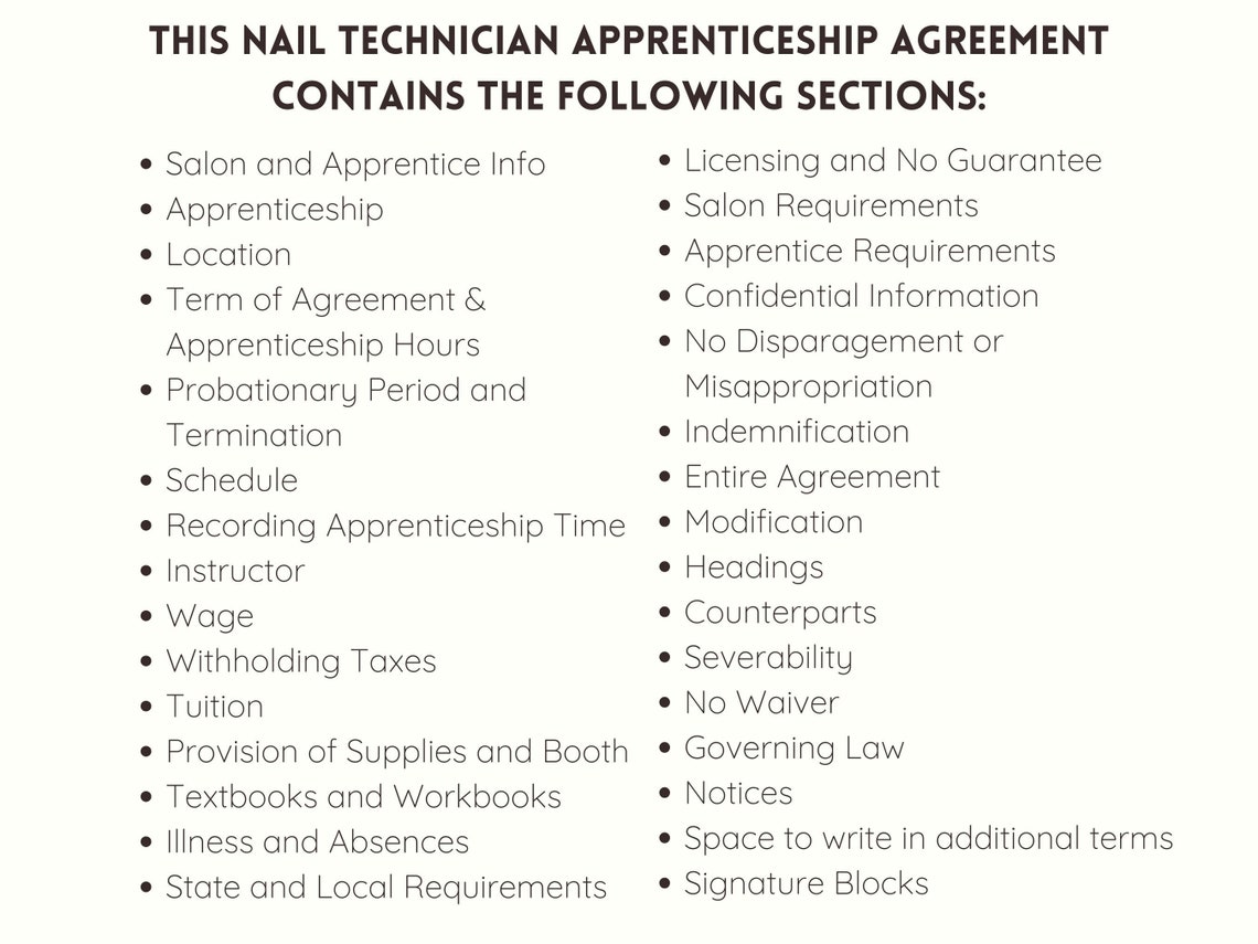 Nail Tech Apprenticeship Agreement, Nail Technician Contract, Nail ... Nail Tech Apprenticeship Agreement, Nail Technician Contract, Nail ...
